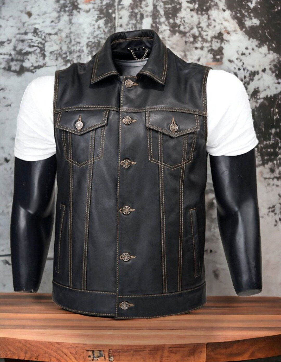 Leather Vest Hunt Club Style Leather Denim Vest Custom Motorcycle Biker ...