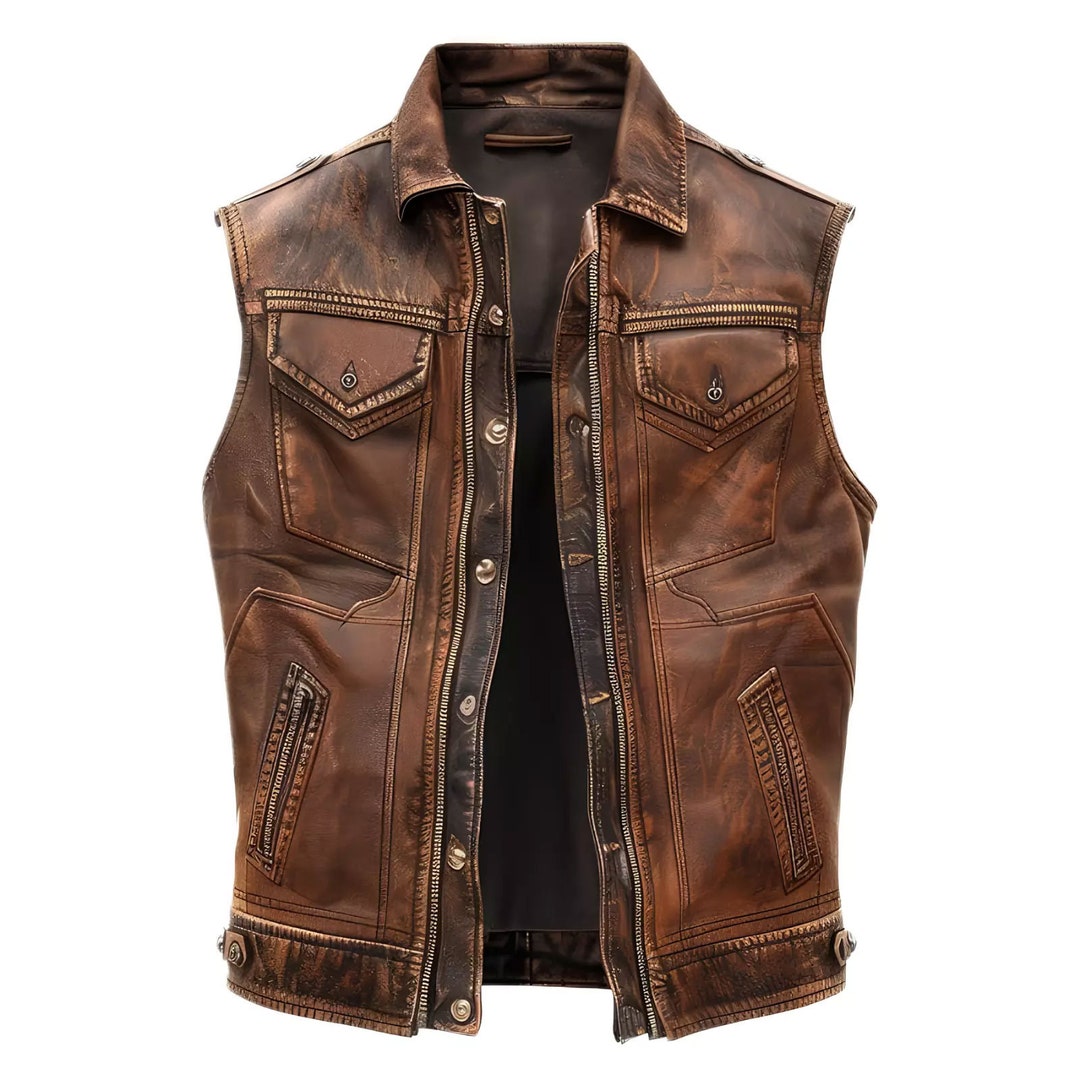 Men's Distressed Brown Sheepskin Stylish Motorcycle Biker Men's Vest ...