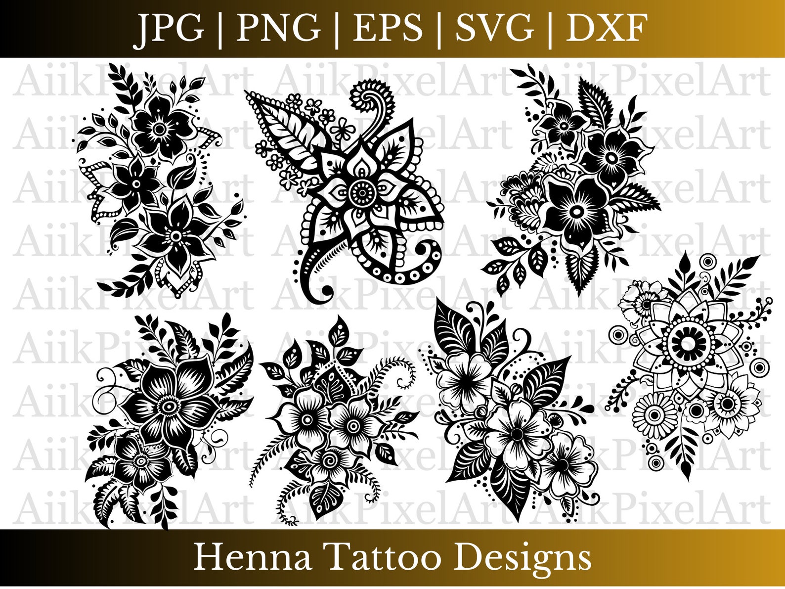 Henna Tattoo Designs, Mehndi Designs in Black Svg Png, Mehndi Svg File ...