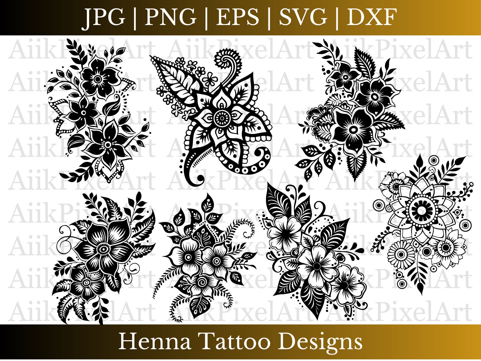 Henna Tattoo Designs, Mehndi Designs in Black Svg Png, Mehndi Svg File ...