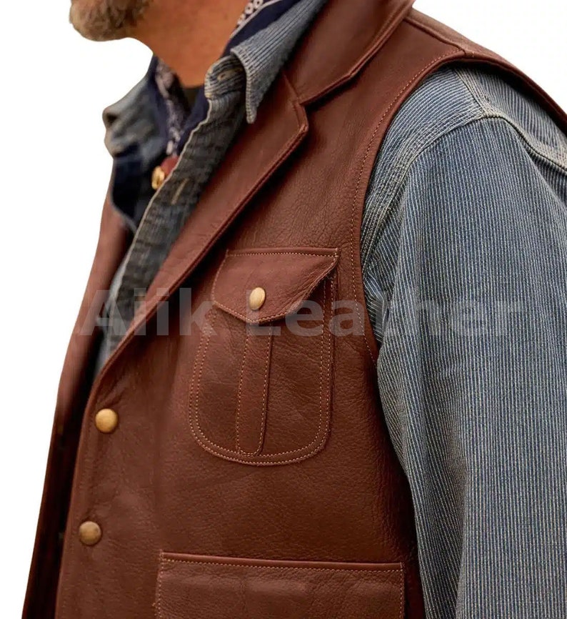 Men Genuine Cowhide Leather Western Sleeveless Vest Brown Leather Men's ...