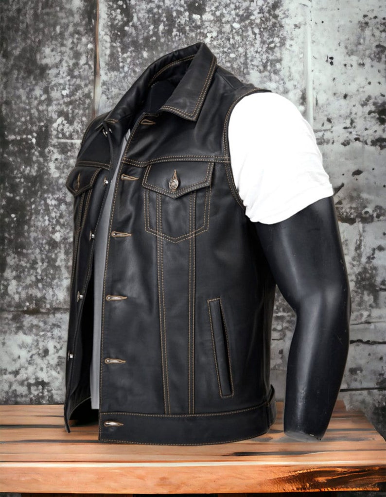 Leather Vest Hunt Club Style Leather Denim Vest Custom Motorcycle Biker ...