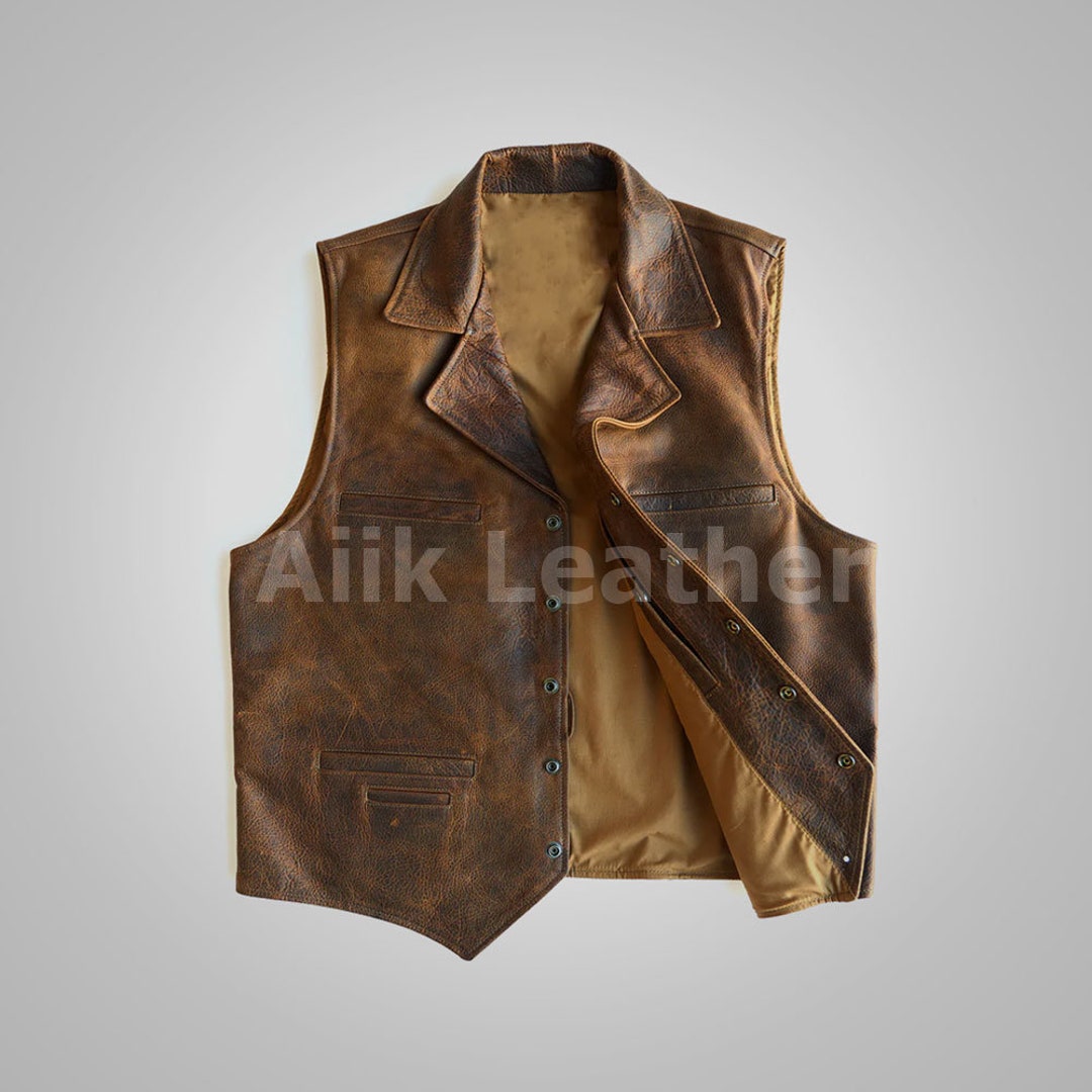 Brown Mens Sheepskin Leather Cowboy Vest, Men’s Leather Slim Fit Vest ...