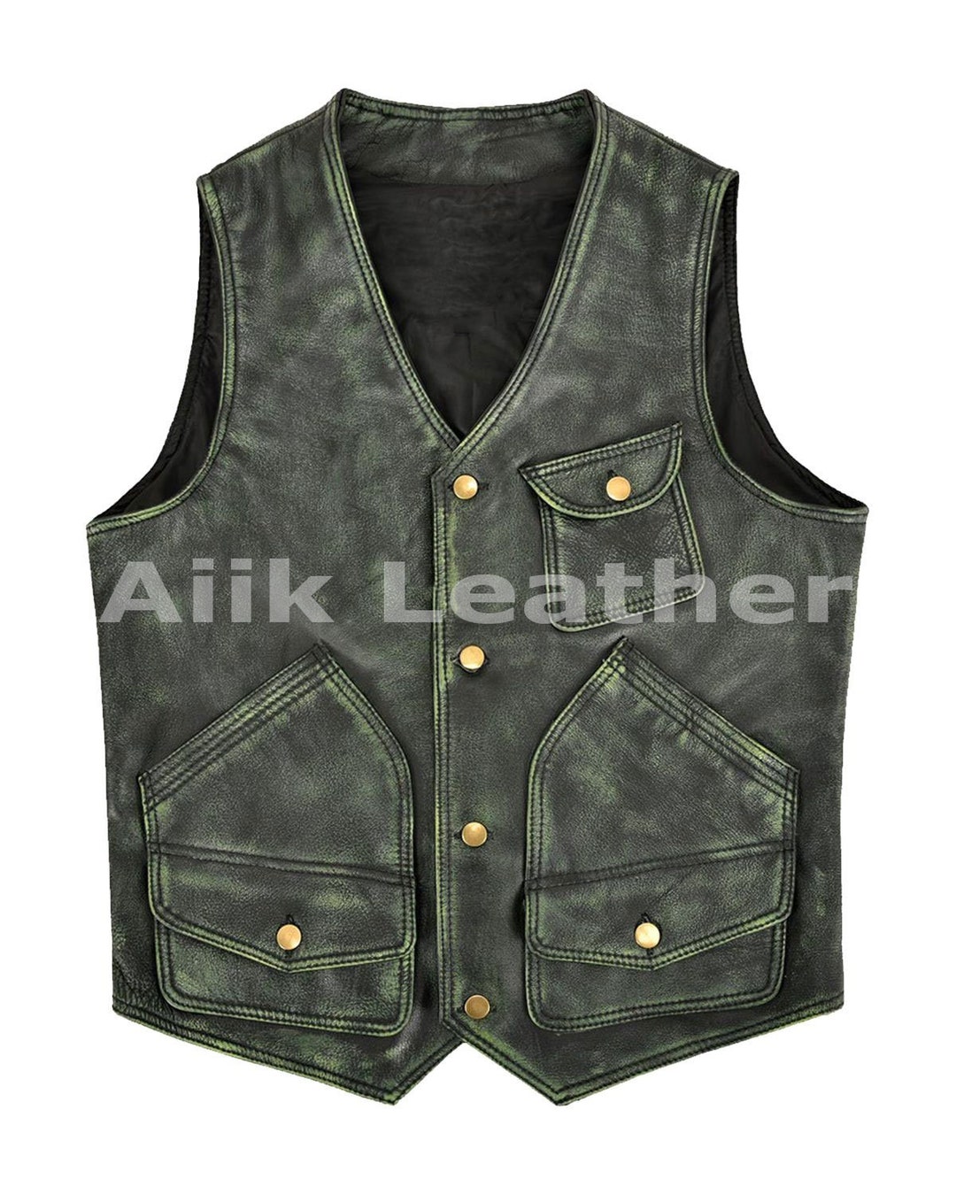 Men’s Green Distressed Leather Biker Vest, Men’s Green Real Leather ...