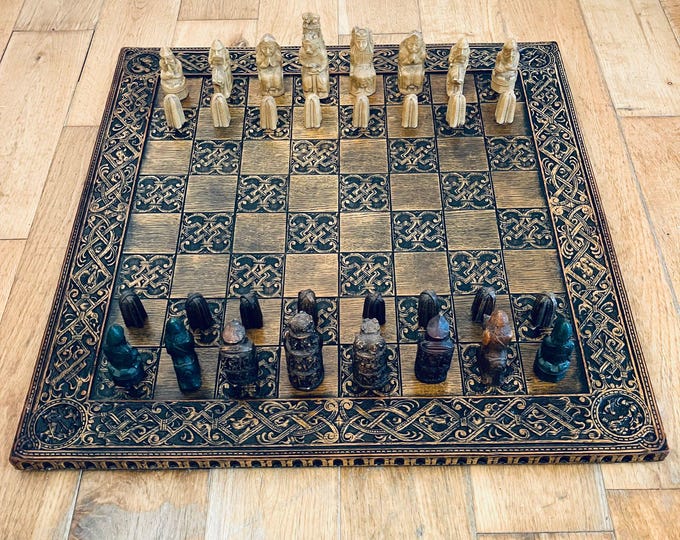 Antique Hand Carved Wooden Chess Board & Pieces Large 60cm Square ...