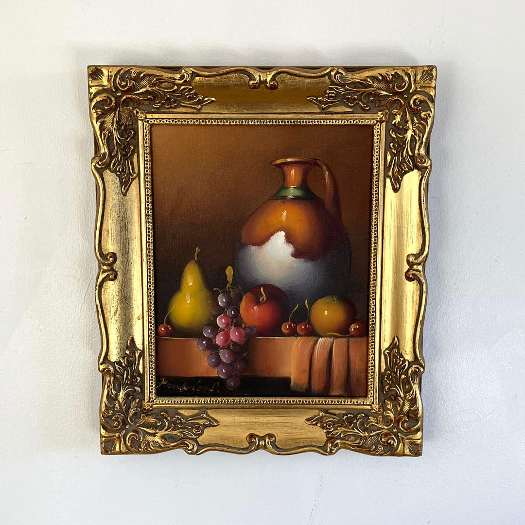 Vintage Original Oil Painting Frank Lean Jug & Fruits Gilt Framed Still ...