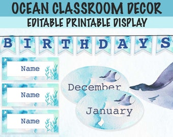 Editable Dolphin Themed Birthday Display Class Birthday Chart Student ...