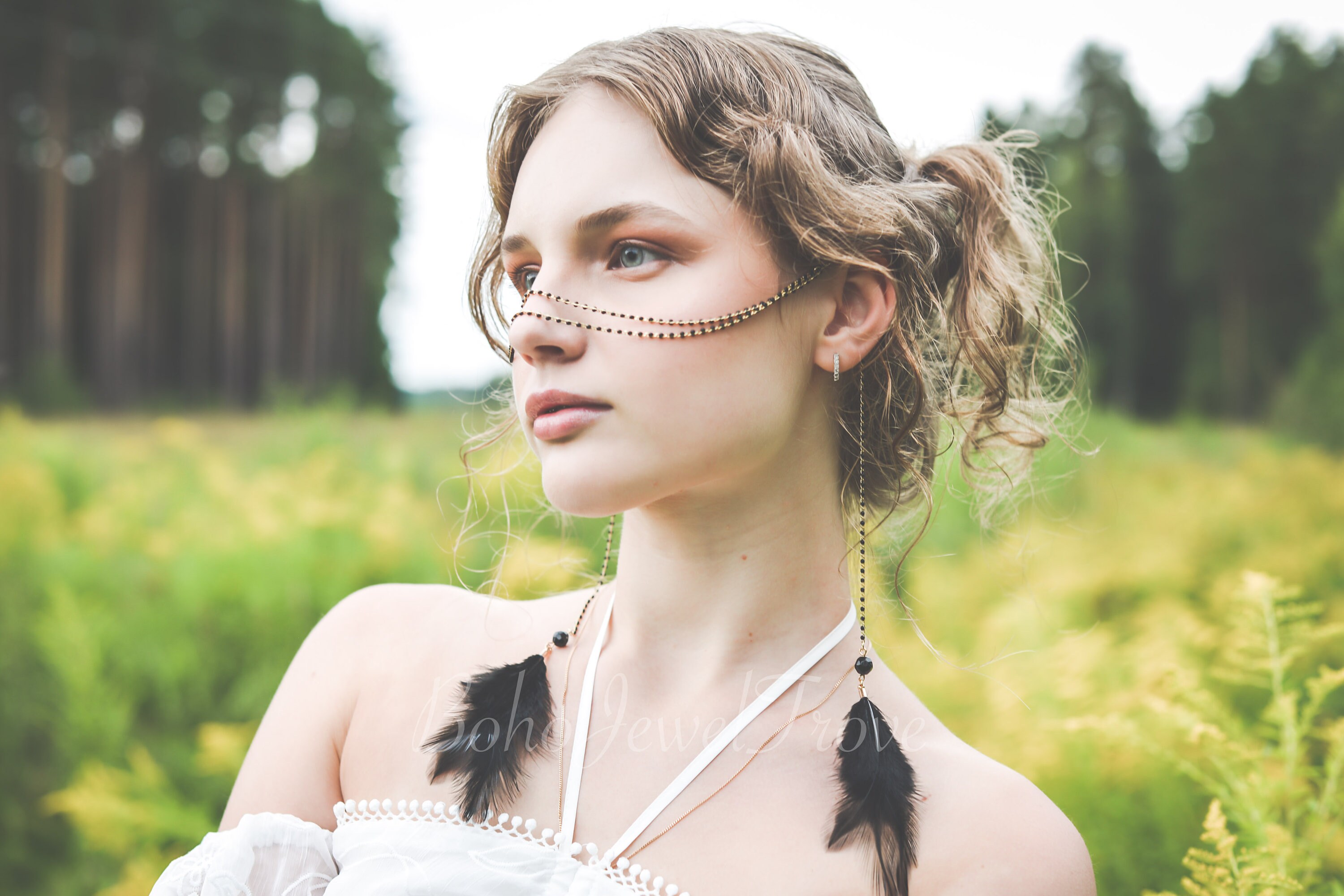 Black Face Chain, Feather Boho Face Chain, Festival Accessories ...