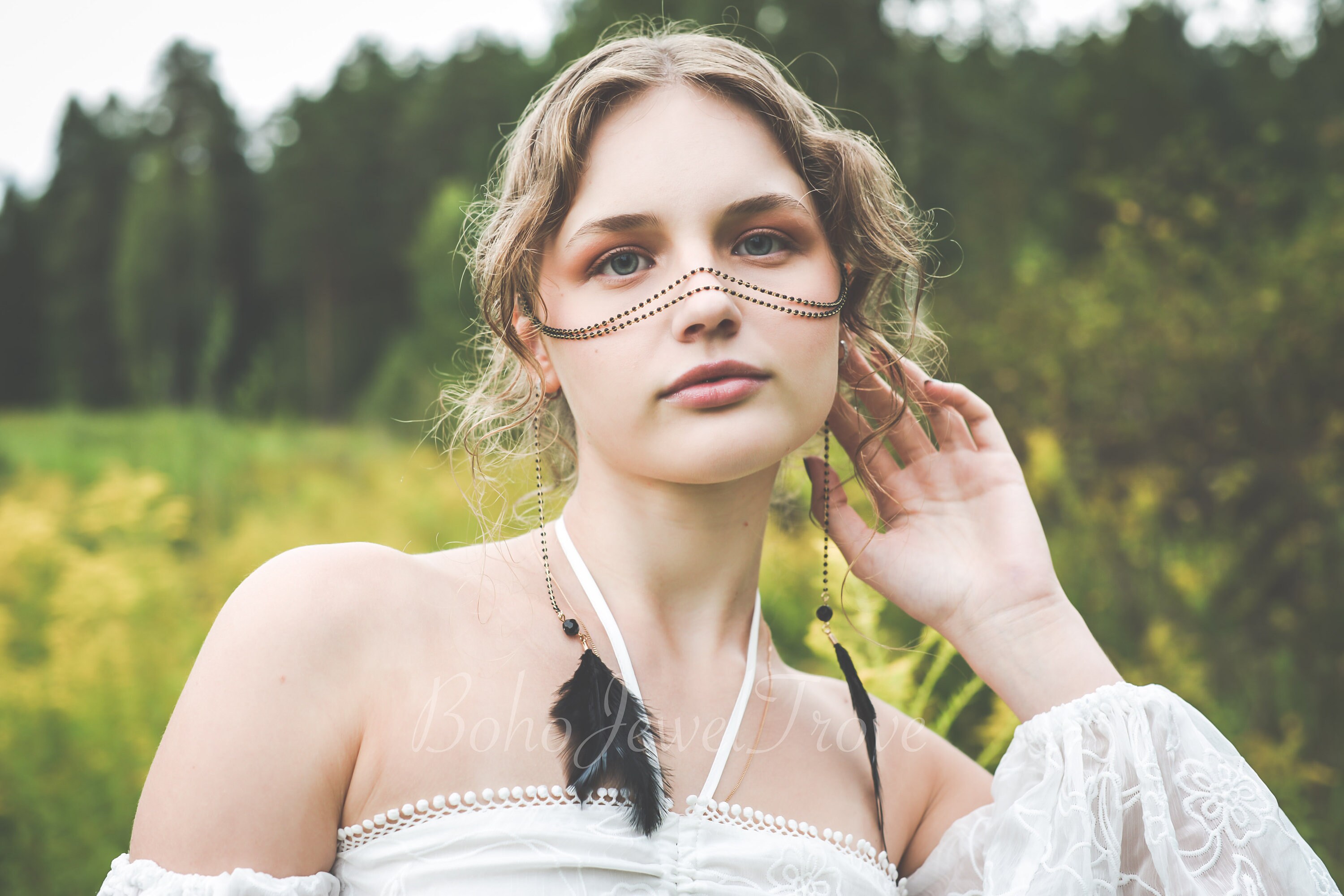 Black Face Chain, Feather Boho Face Chain, Festival Accessories ...