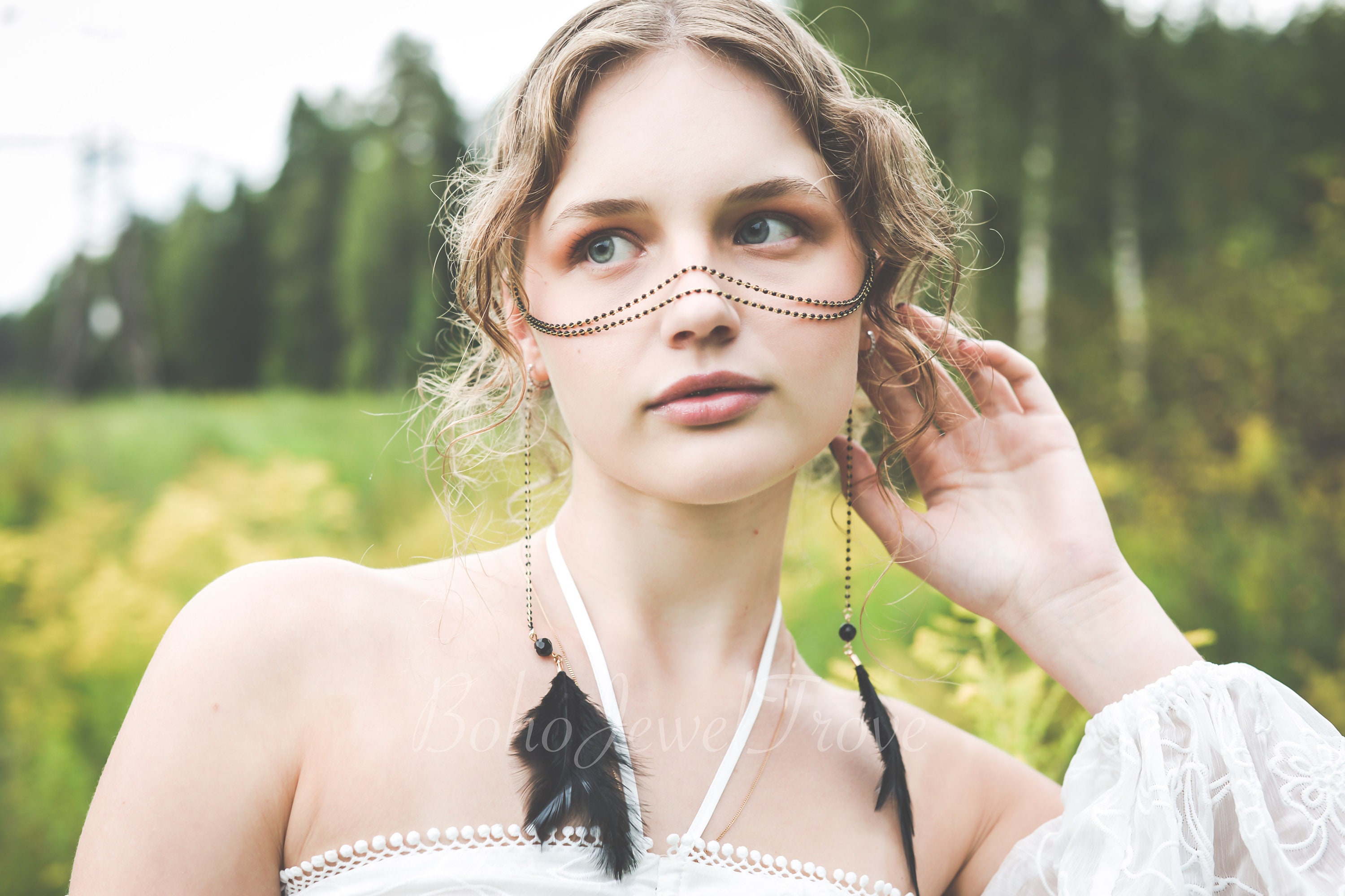 Black Face Chain, Feather Boho Face Chain, Festival Accessories ...