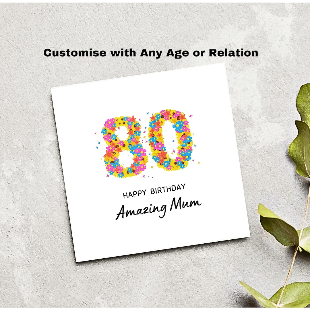 Floral 80th Birthday Card, 80 Birthday Card, Birthday Card for 80 Year ...