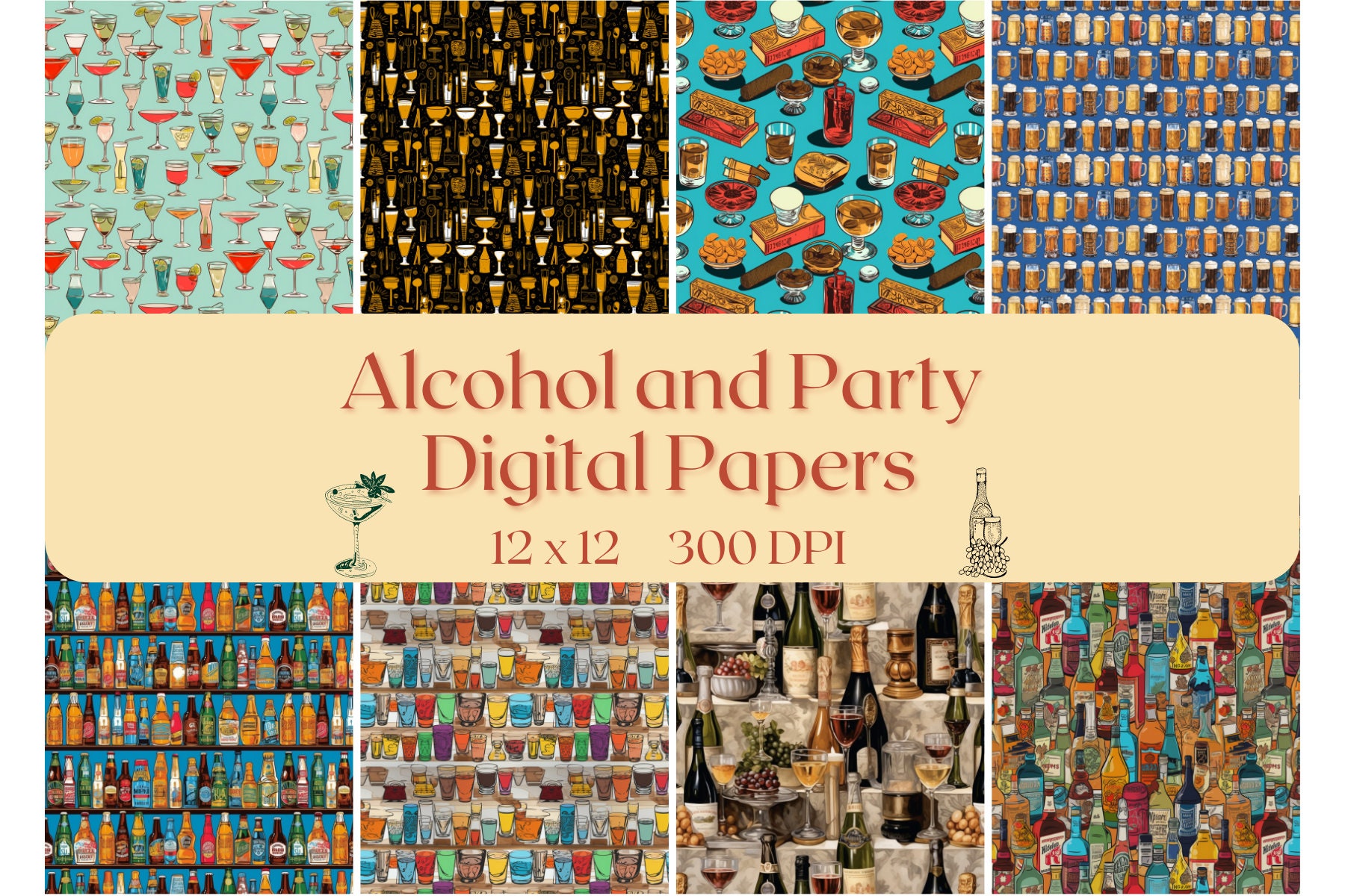 Alcohol and Party Digital Paper - Seamless! - Different Styles and ...