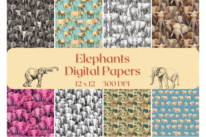Elephants Digital Paper - Seamless! - Different Styles and Colors - 8 ...