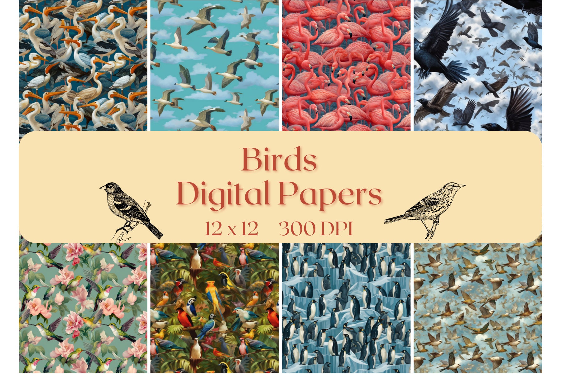 Birds Digital Paper Seamless Different Styles and Colors 8 Designs 12in ...