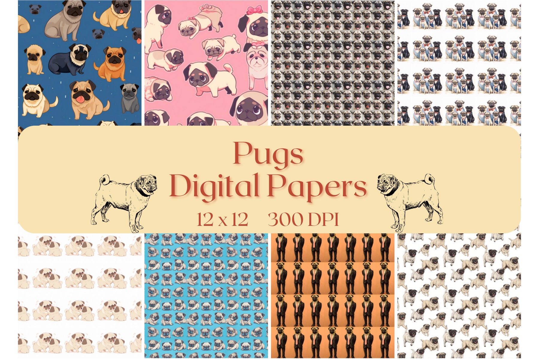 Pugs Digital Paper - Different Styles and Colors - 8 Designs - 12in X ...