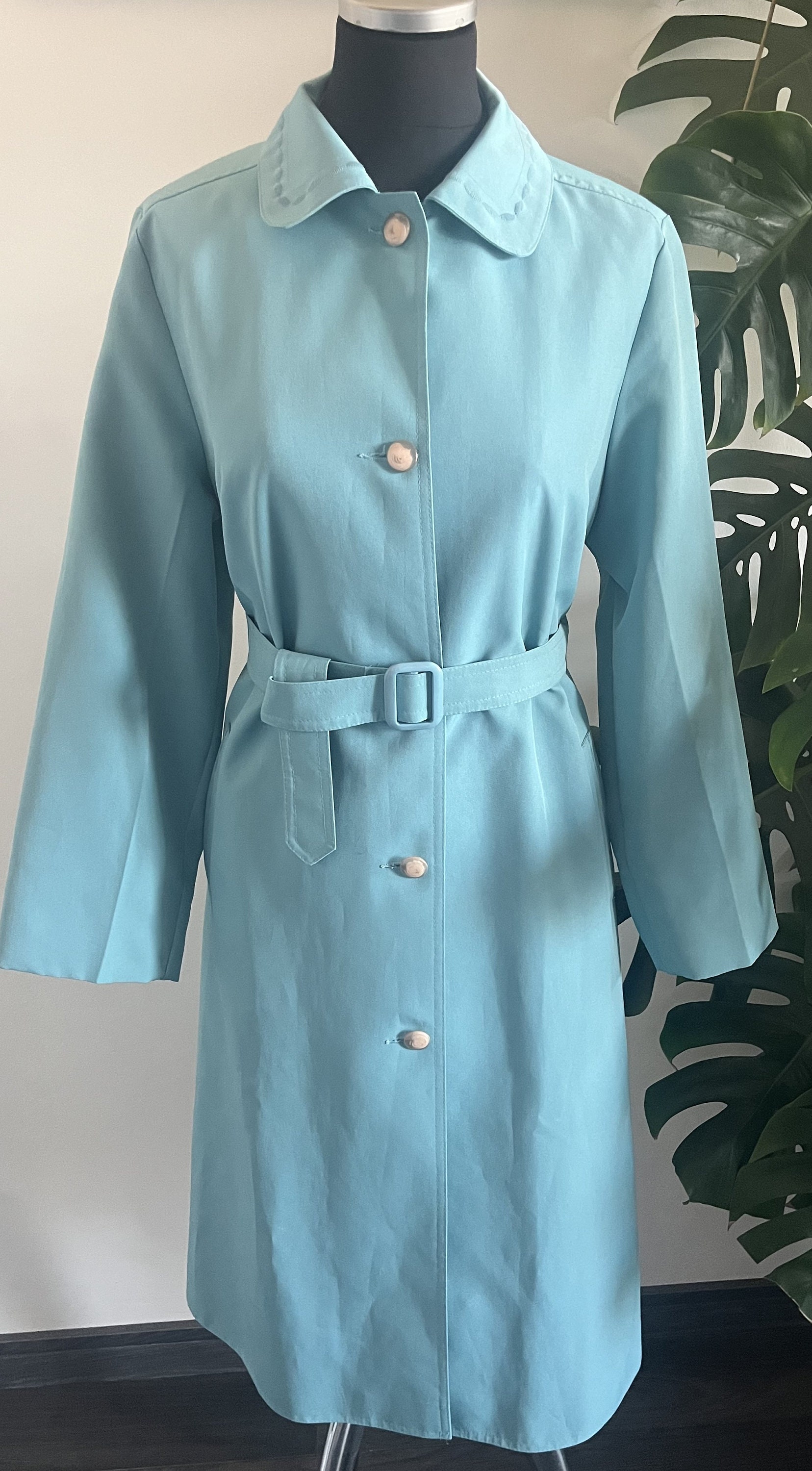 Vintage Turquoise Blue Trench Coat / Classic Aqua Belted Spring Long ...
