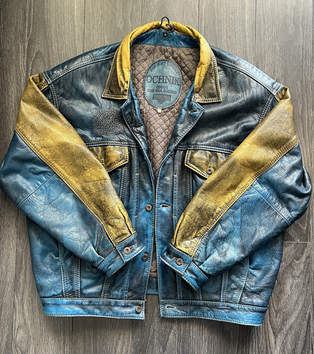 Vintage Men’s Leather Blue Yellow Jacket / Size XL - Etsy