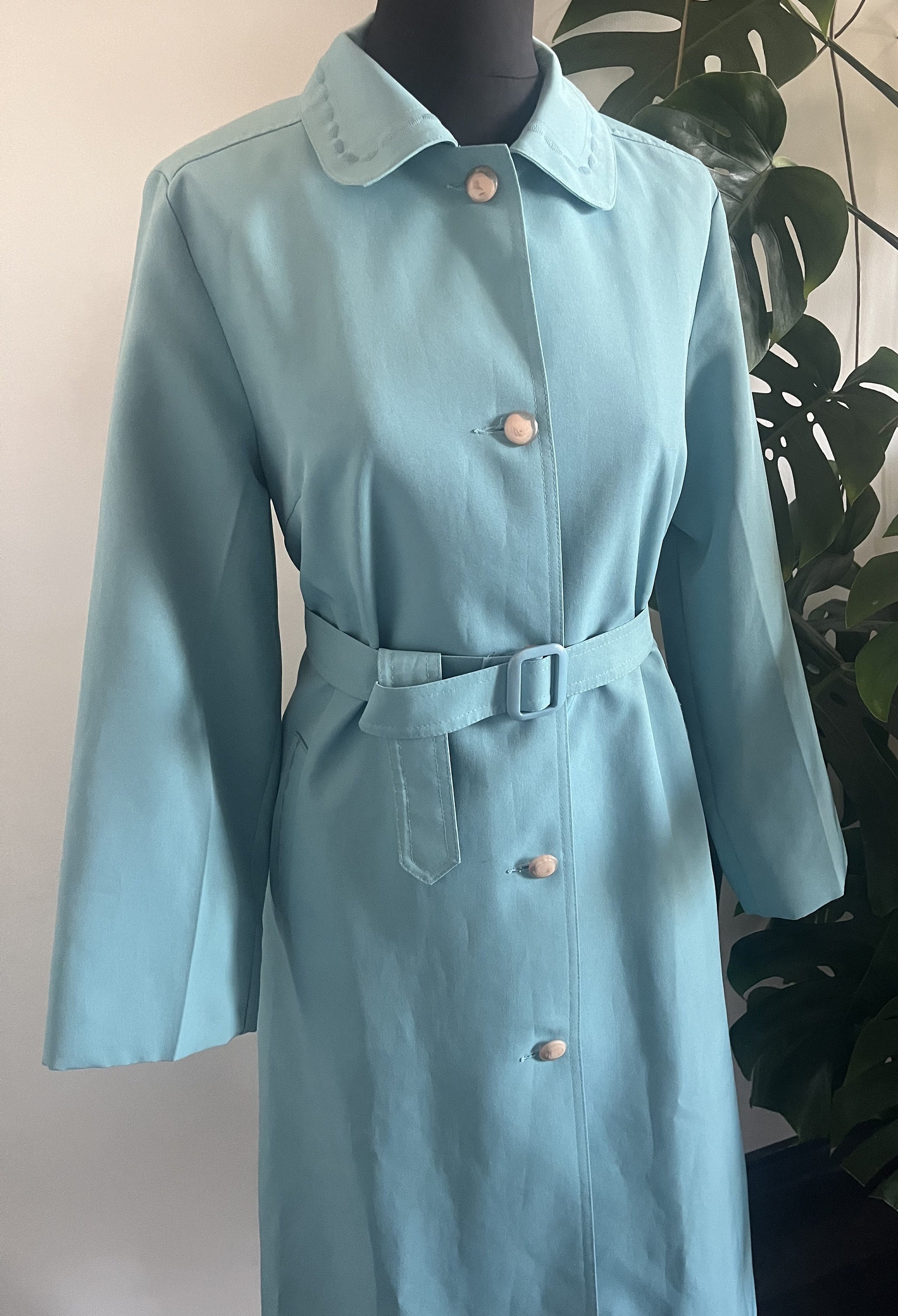 Vintage Turquoise Blue Trench Coat / Classic Aqua Belted Spring Long ...