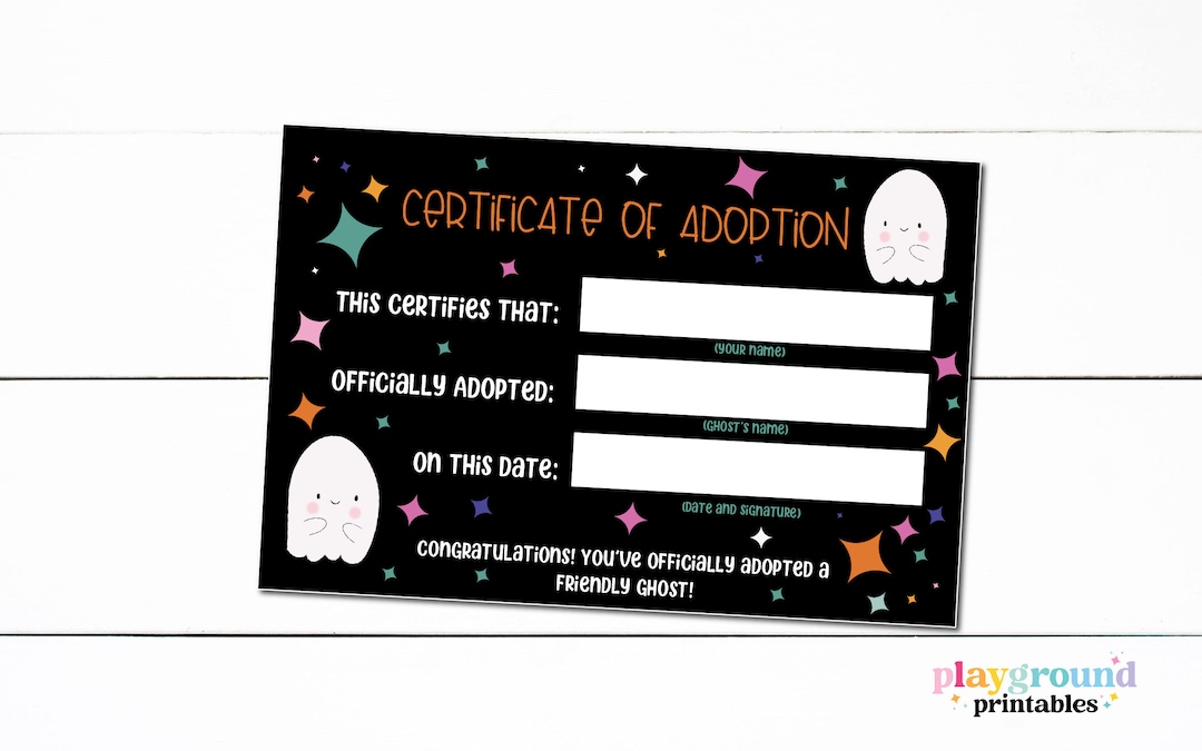 Friendly Ghost Adoption Certificate Printable Black Cute - Etsy