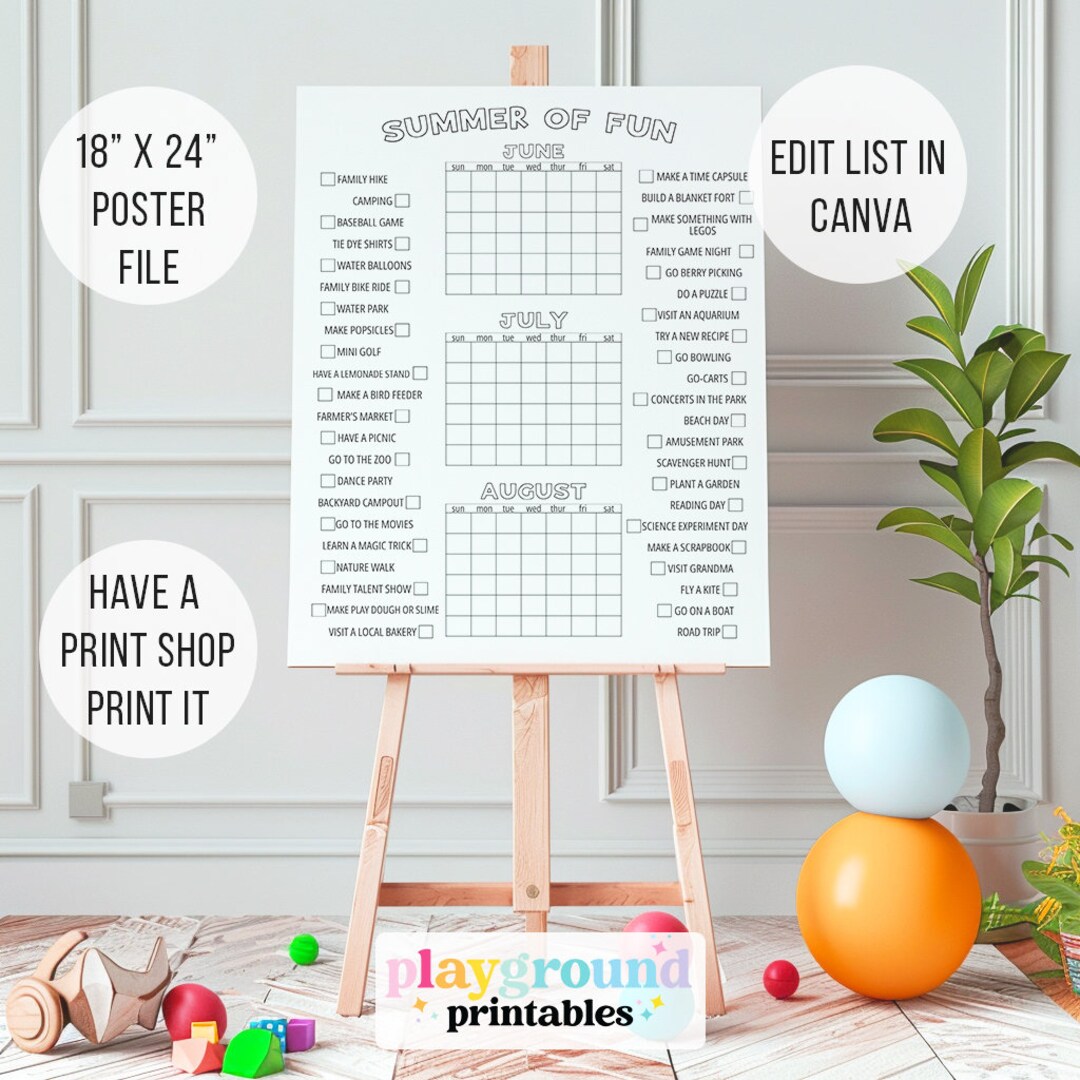 18" X 24" Printable Summer Calendar Bucket List Poster Editable, Kids ...