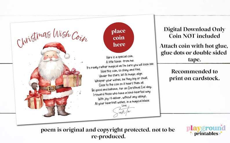 Christmas Wishing Coin Printable 5" X 7", Watercolor Santa Wishing Coin ...