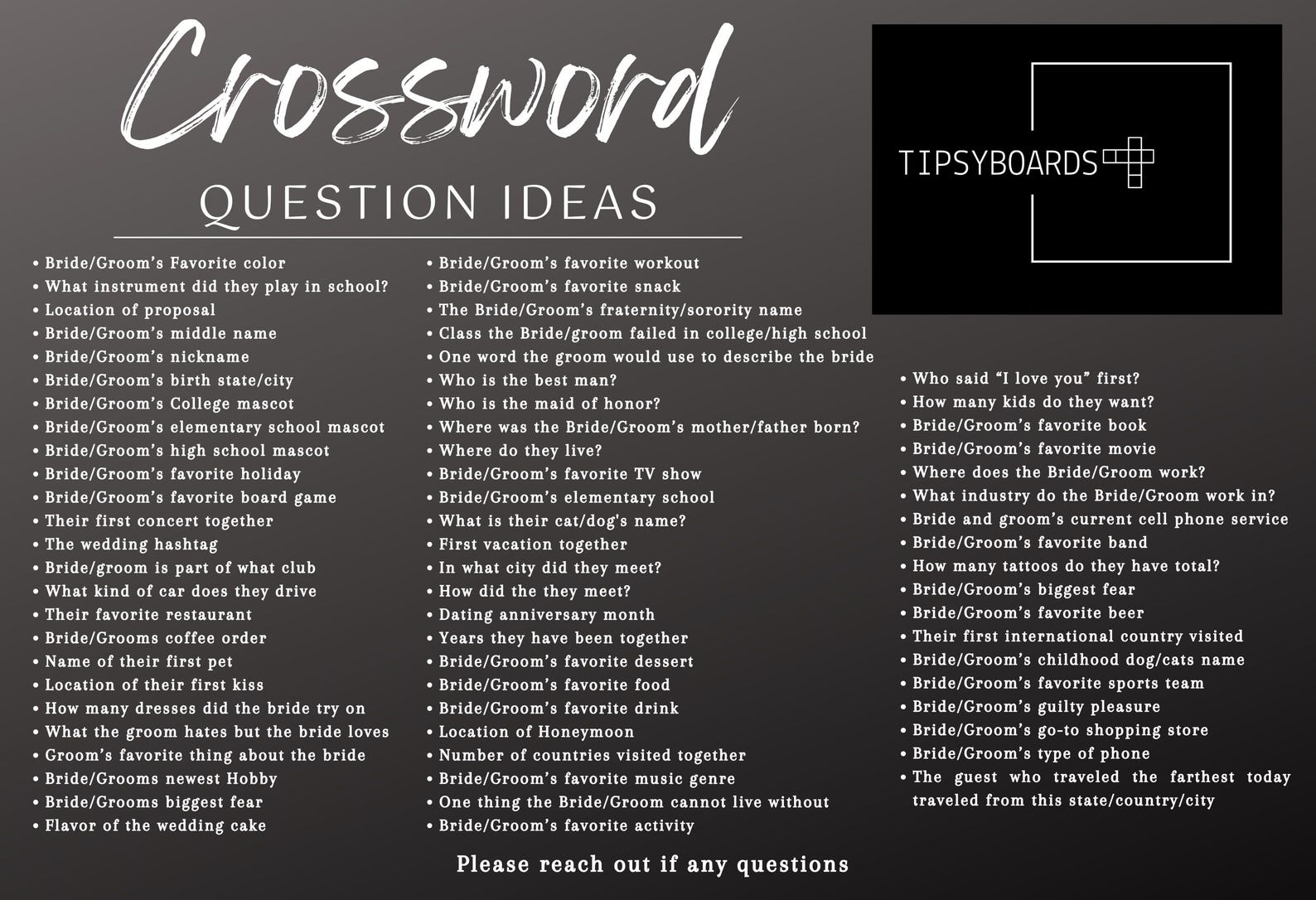 Custom Dry Erase Wedding Crossword - Large Print - Shipped Directly to ...