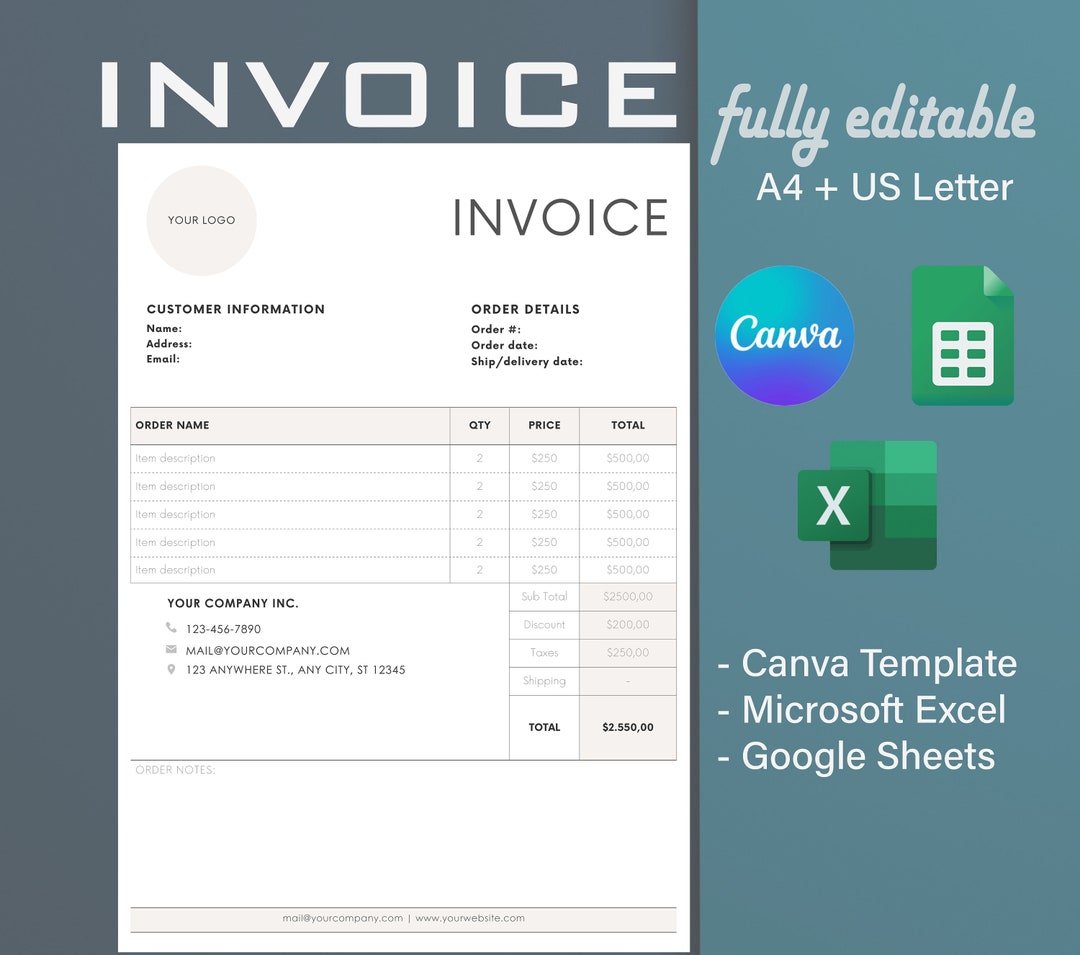 Editable Invoice Template for Small Business Service Form - Etsy