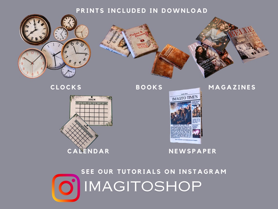 Dollhouse Digital Download 1:12 Miniature Clocks, Magazines, Calendar ...