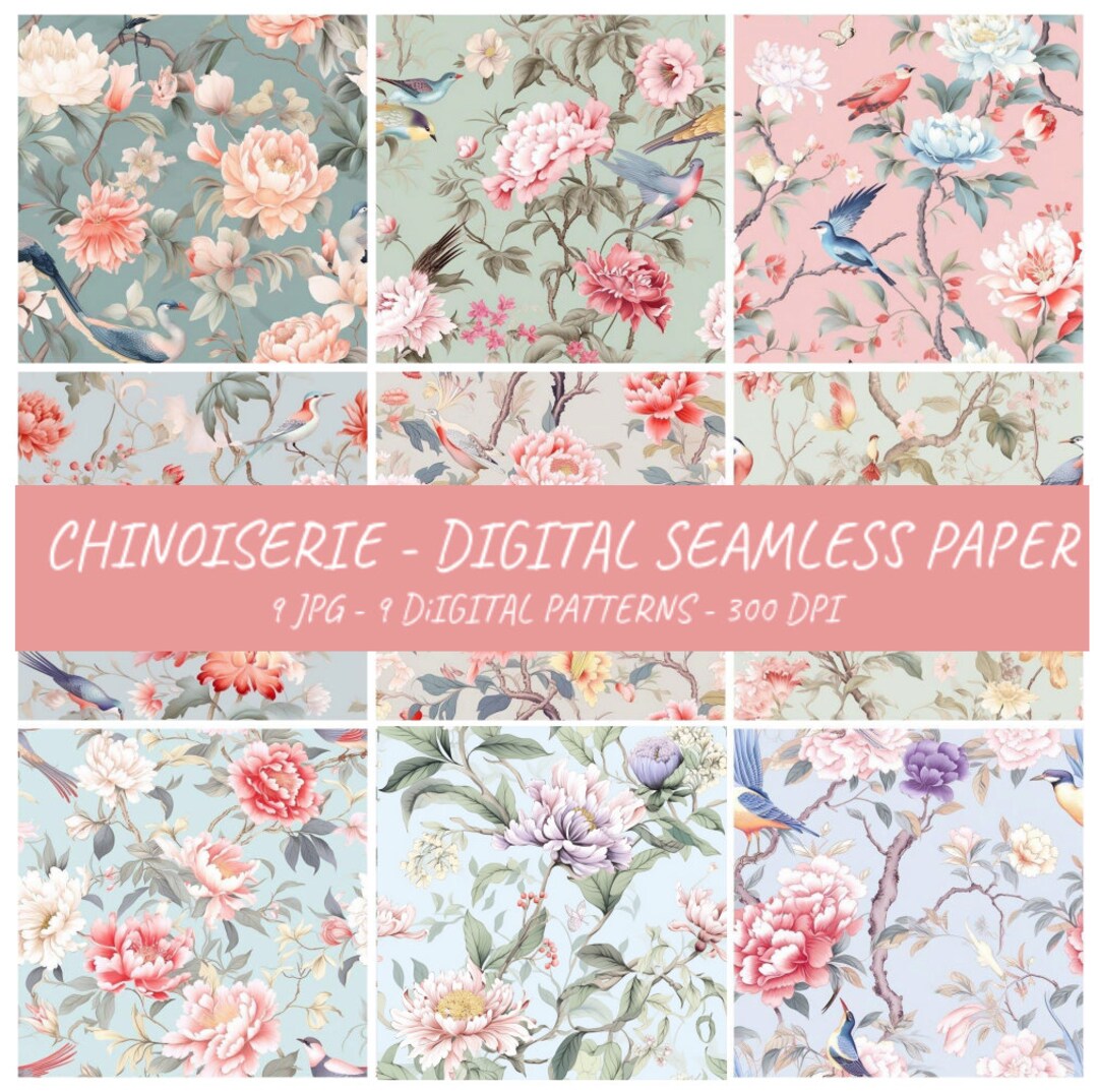 Chinoiserie Digital Pattern, Pastel Floral, Bird, Chinoiserie Art ...