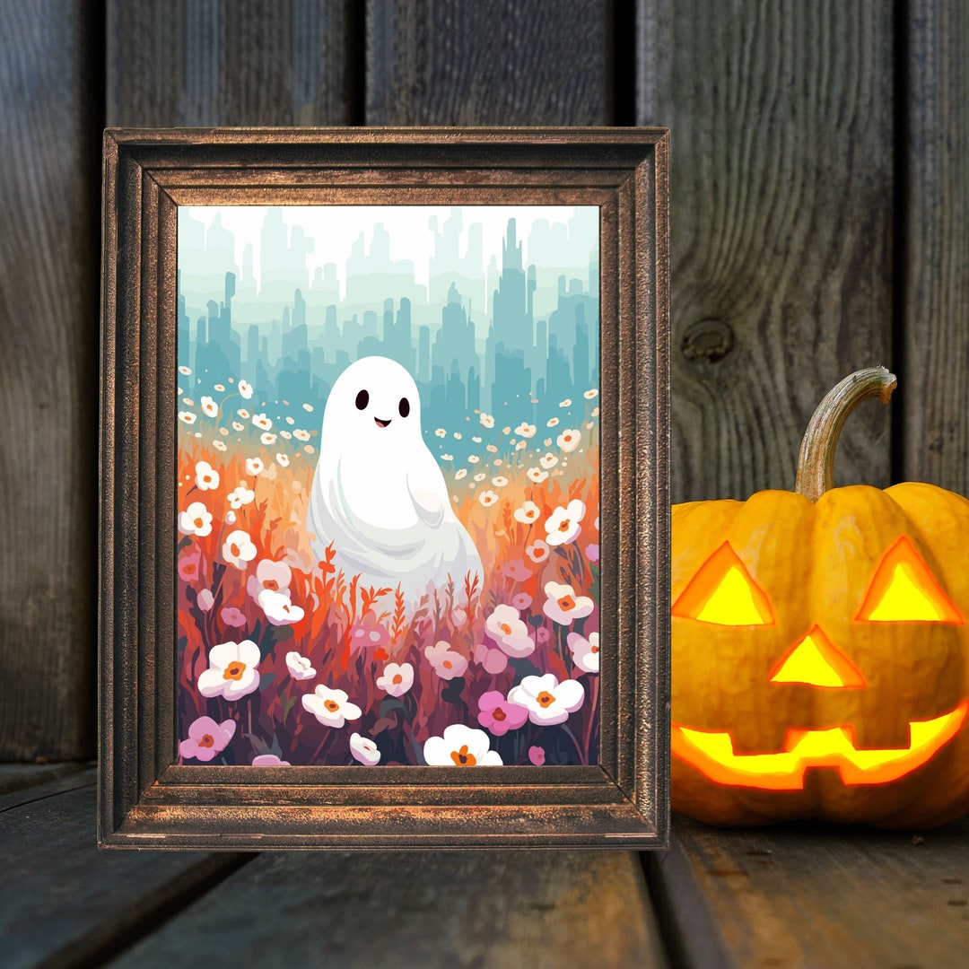 Ghost in Field Art Print Ghost With Flowers Poster Halloween Digital ...