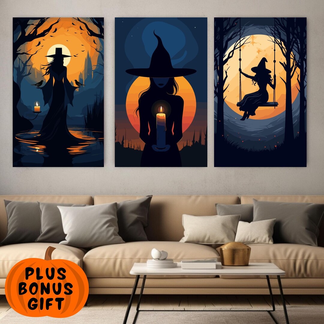 Witch Halloween Art Print Set Halloween Printable Wall Art Vintage ...