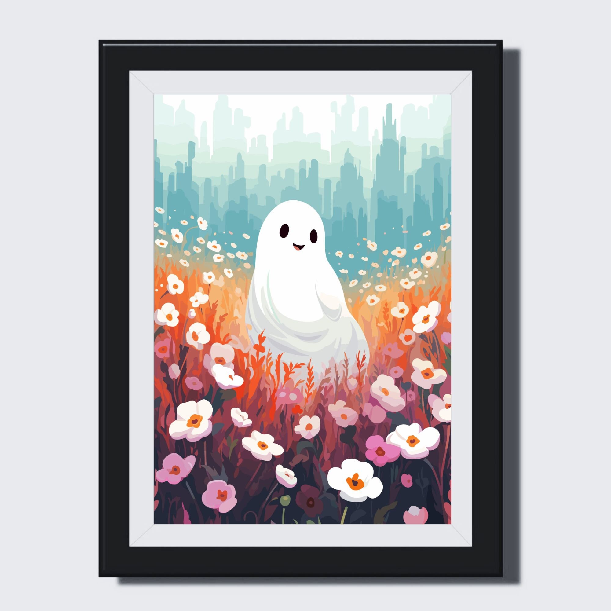 Ghost in Field Art Print Ghost With Flowers Poster Halloween Digital ...