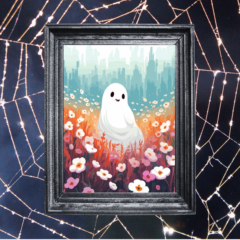 Ghost in Field Art Print Ghost With Flowers Poster Halloween Digital ...