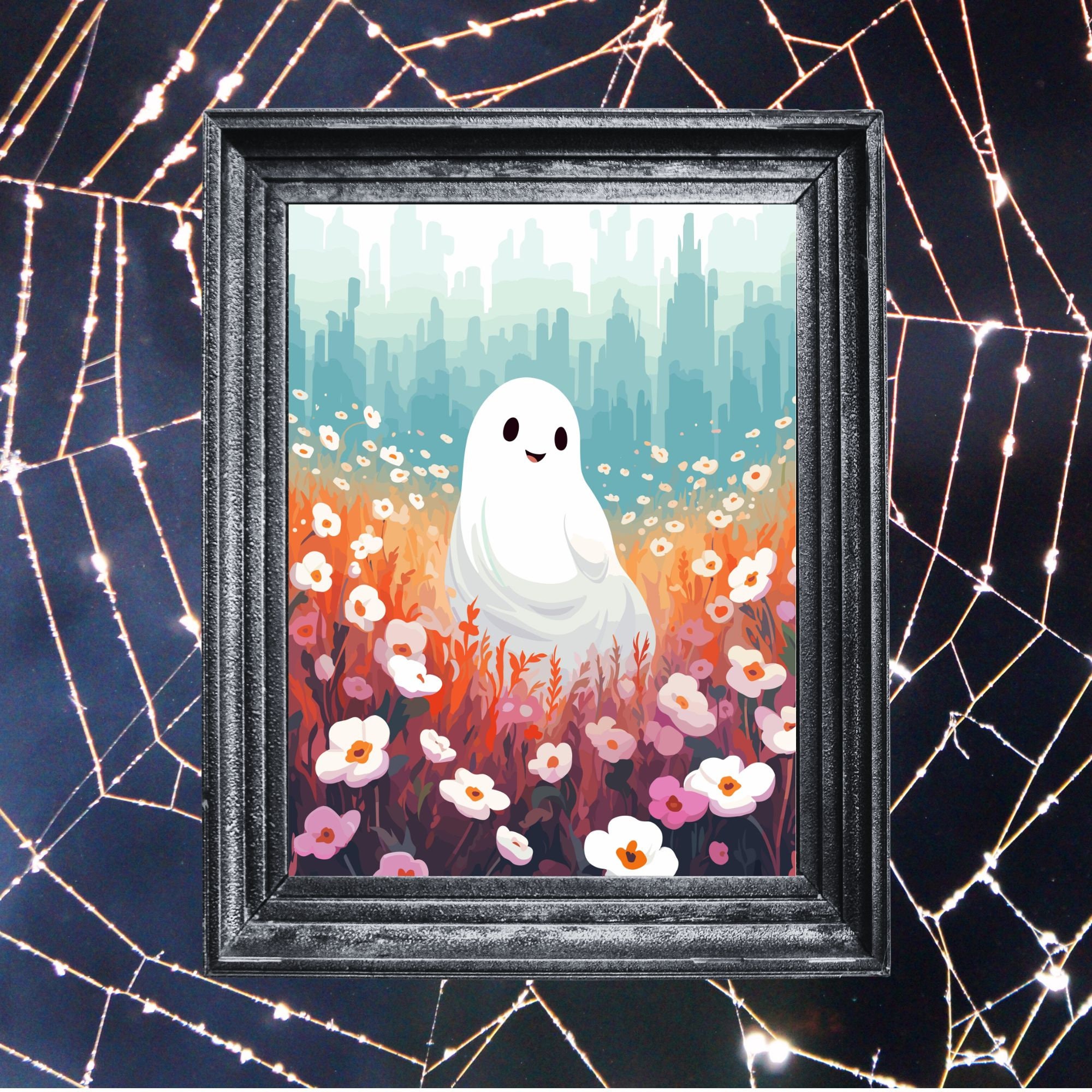 Ghost in Field Art Print Ghost With Flowers Poster Halloween Digital ...