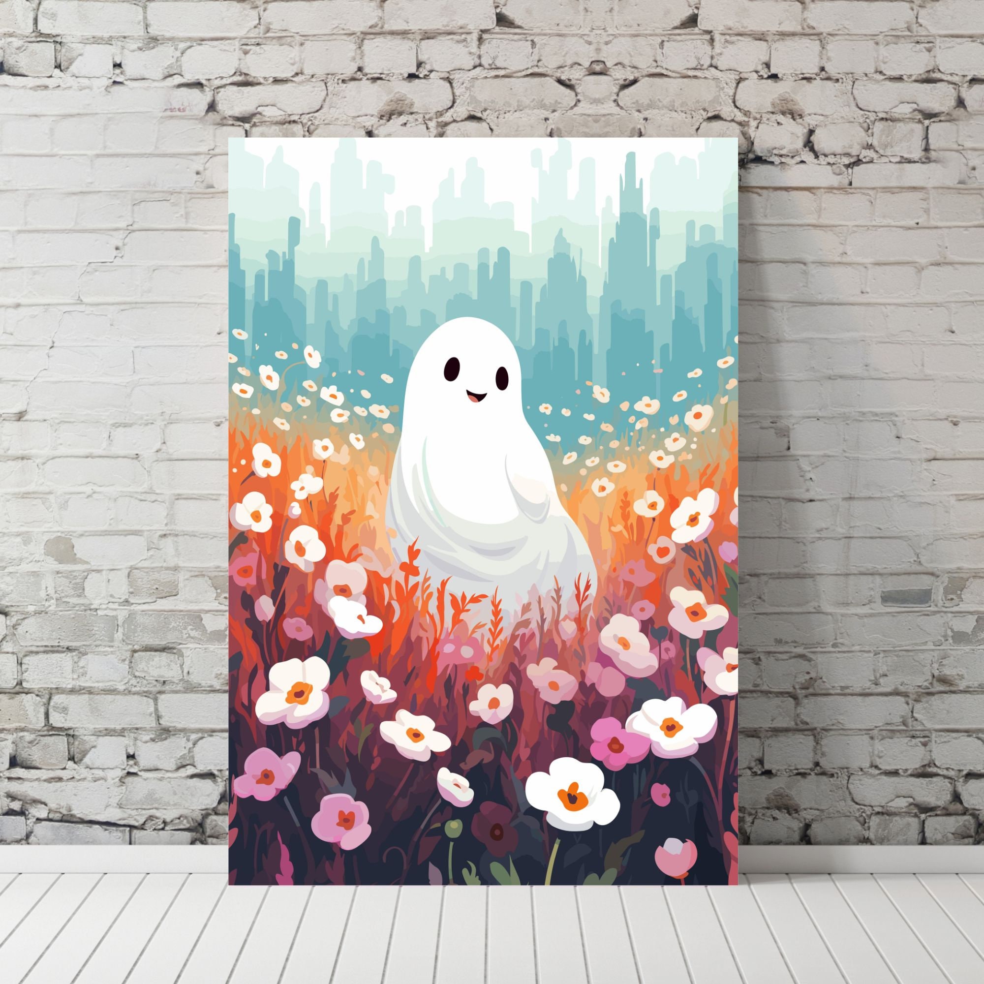 Ghost in Field Art Print Ghost With Flowers Poster Halloween Digital ...