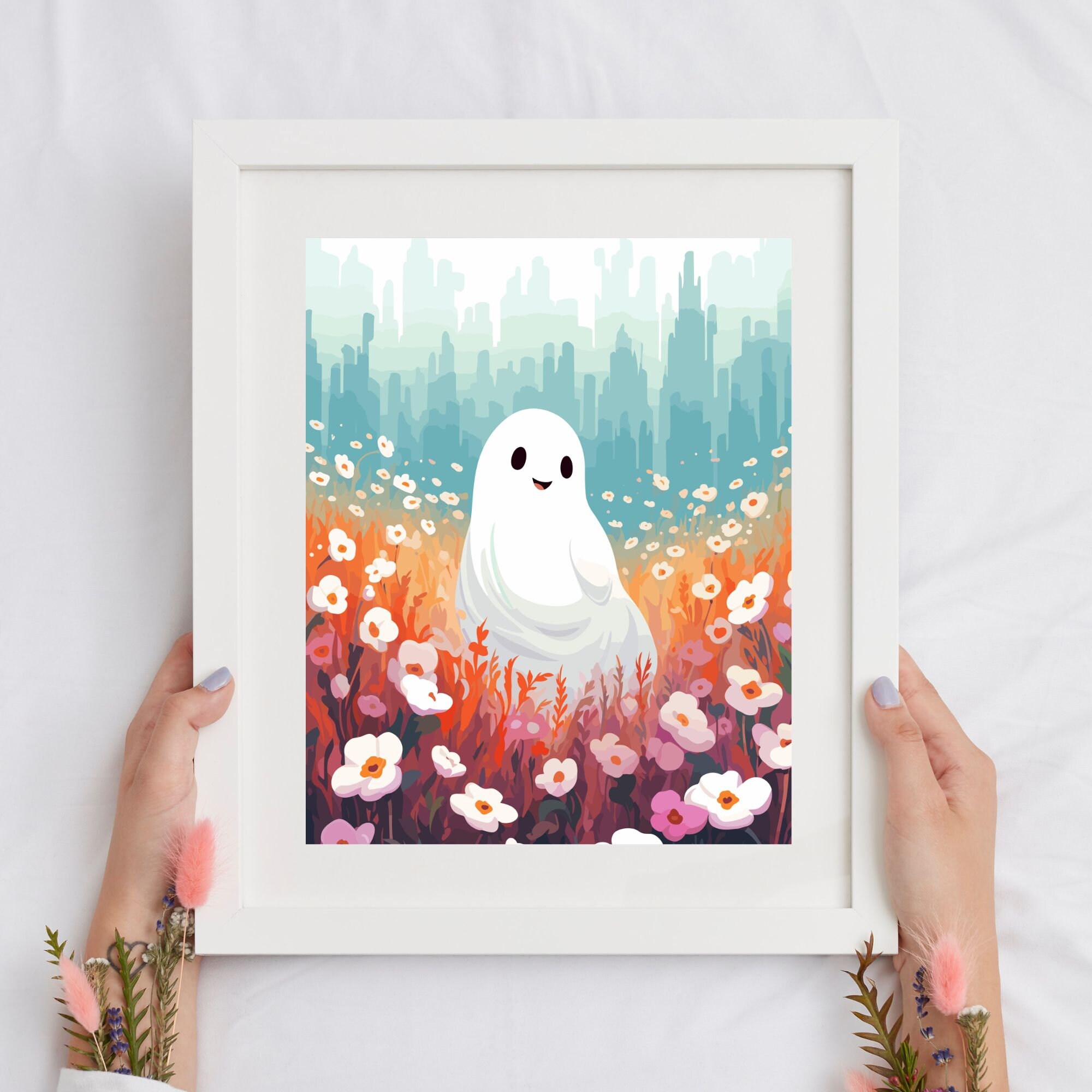 Ghost in Field Art Print Ghost With Flowers Poster Halloween Digital ...