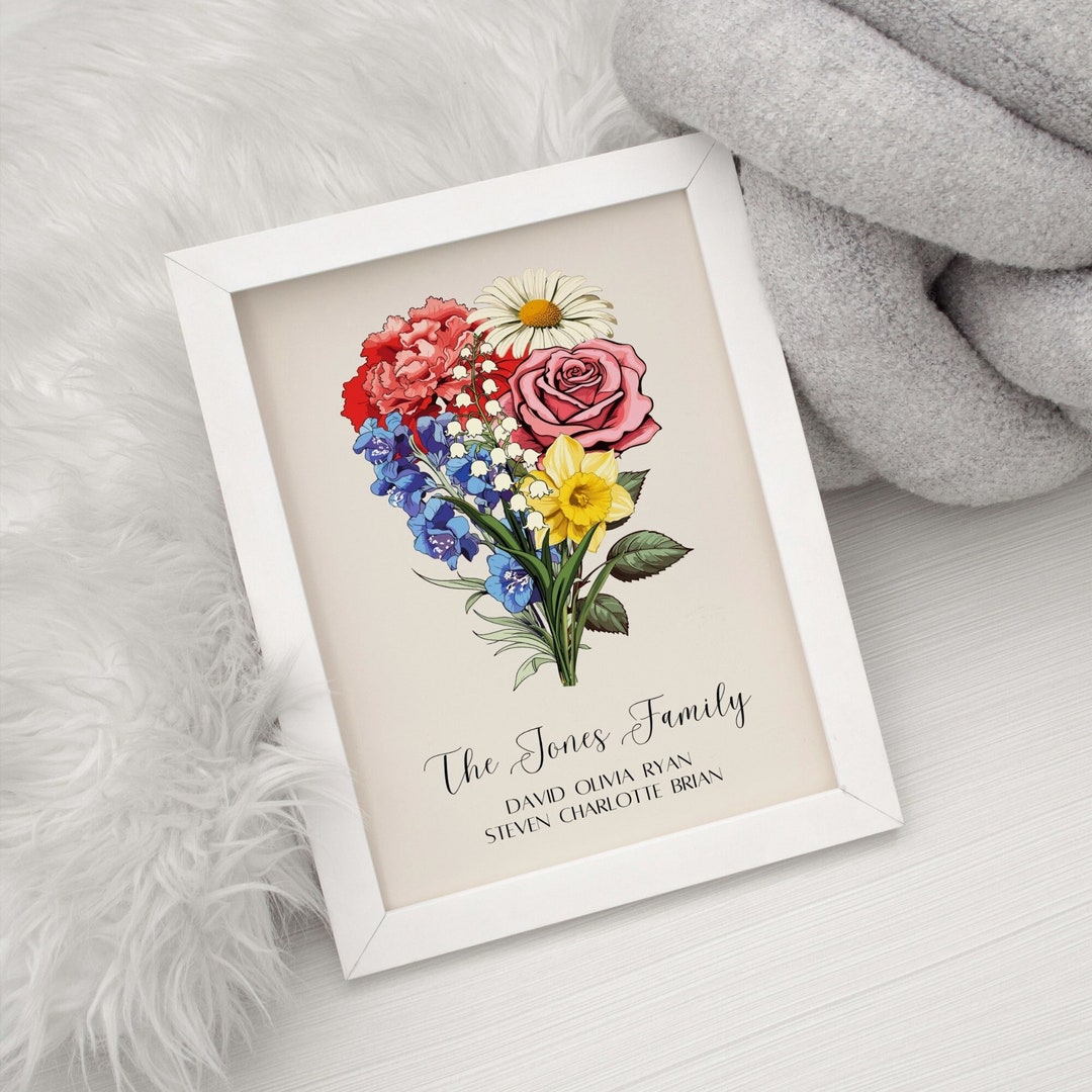 Vintage Family Print Custom Birth Flower Family Bouquet Personalized ...