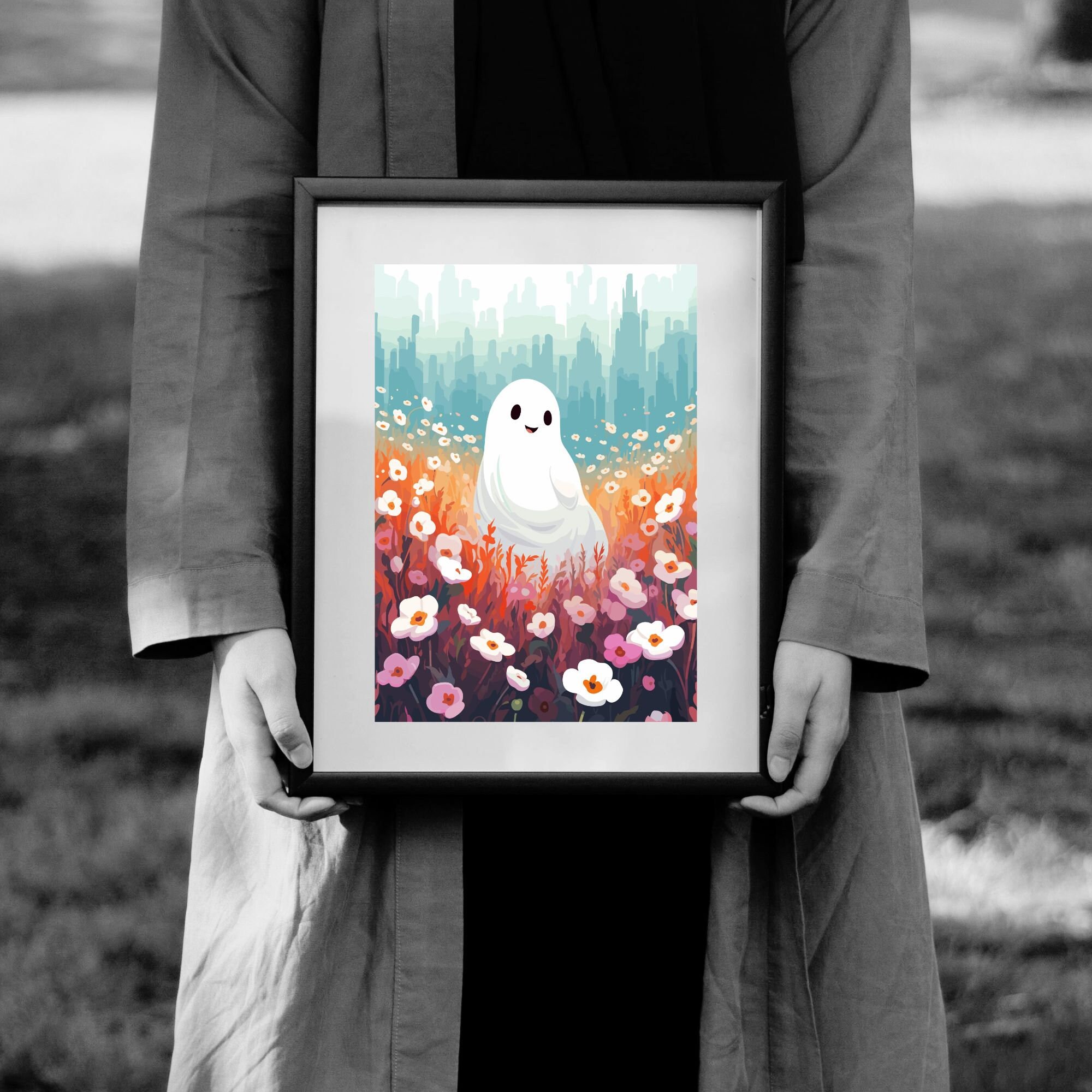 Ghost in Field Art Print Ghost With Flowers Poster Halloween Digital ...