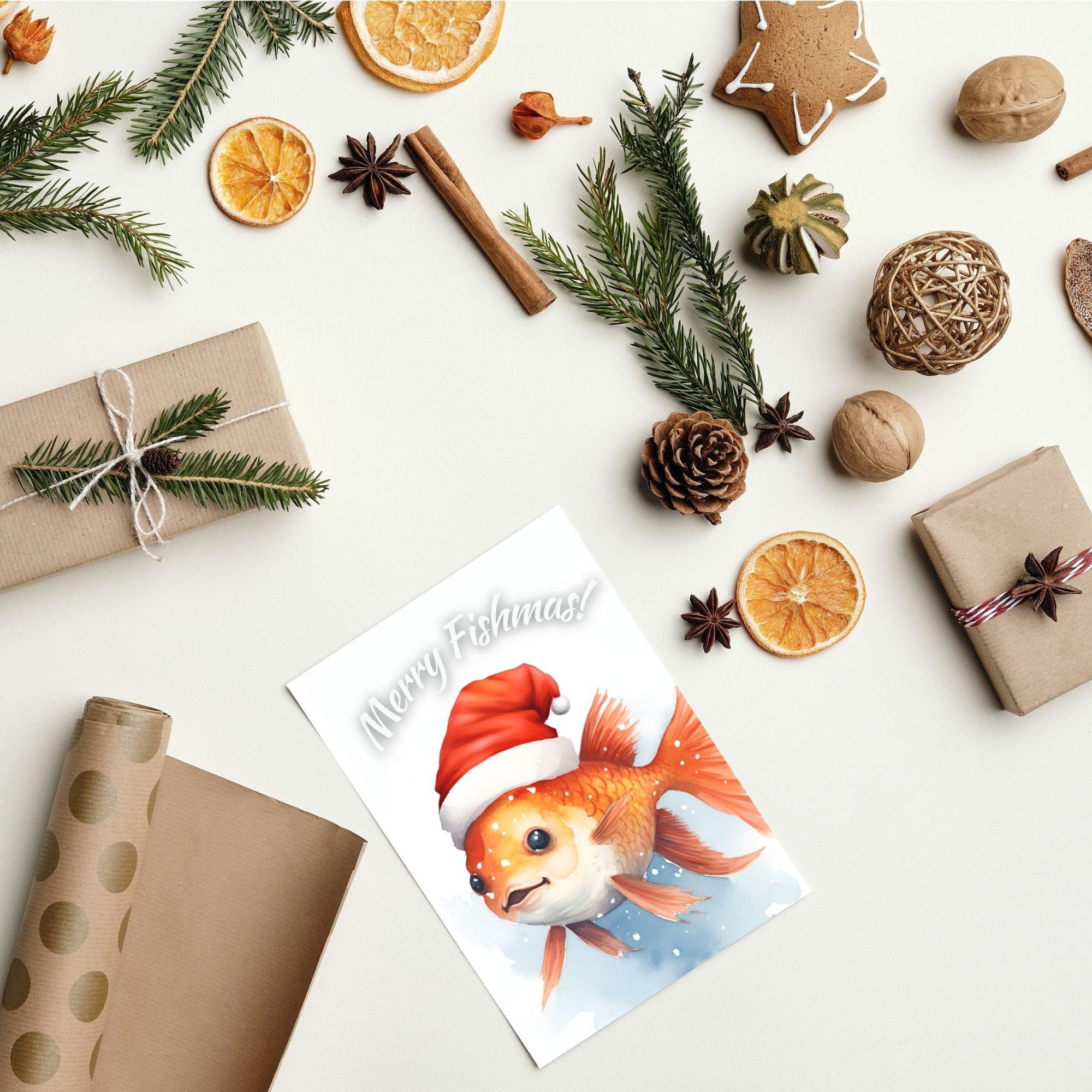 Goldfish Happy Holidays Card, Fish Greeting Card, Merry Christmas Card ...