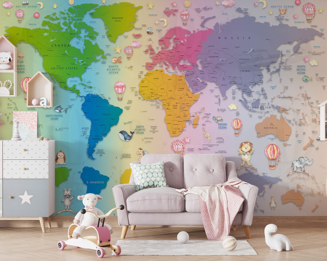 Kids Map Wallpaper Peel and Stick Cute World Map Wallpaper - Etsy