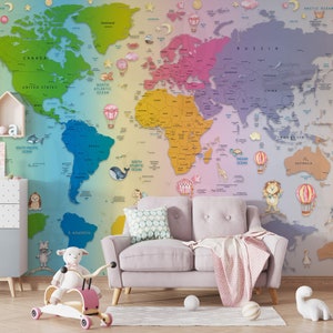 Kids Map Wallpaper, Peel and Stick Cute World Map Wallpaper, Wall Cover ...