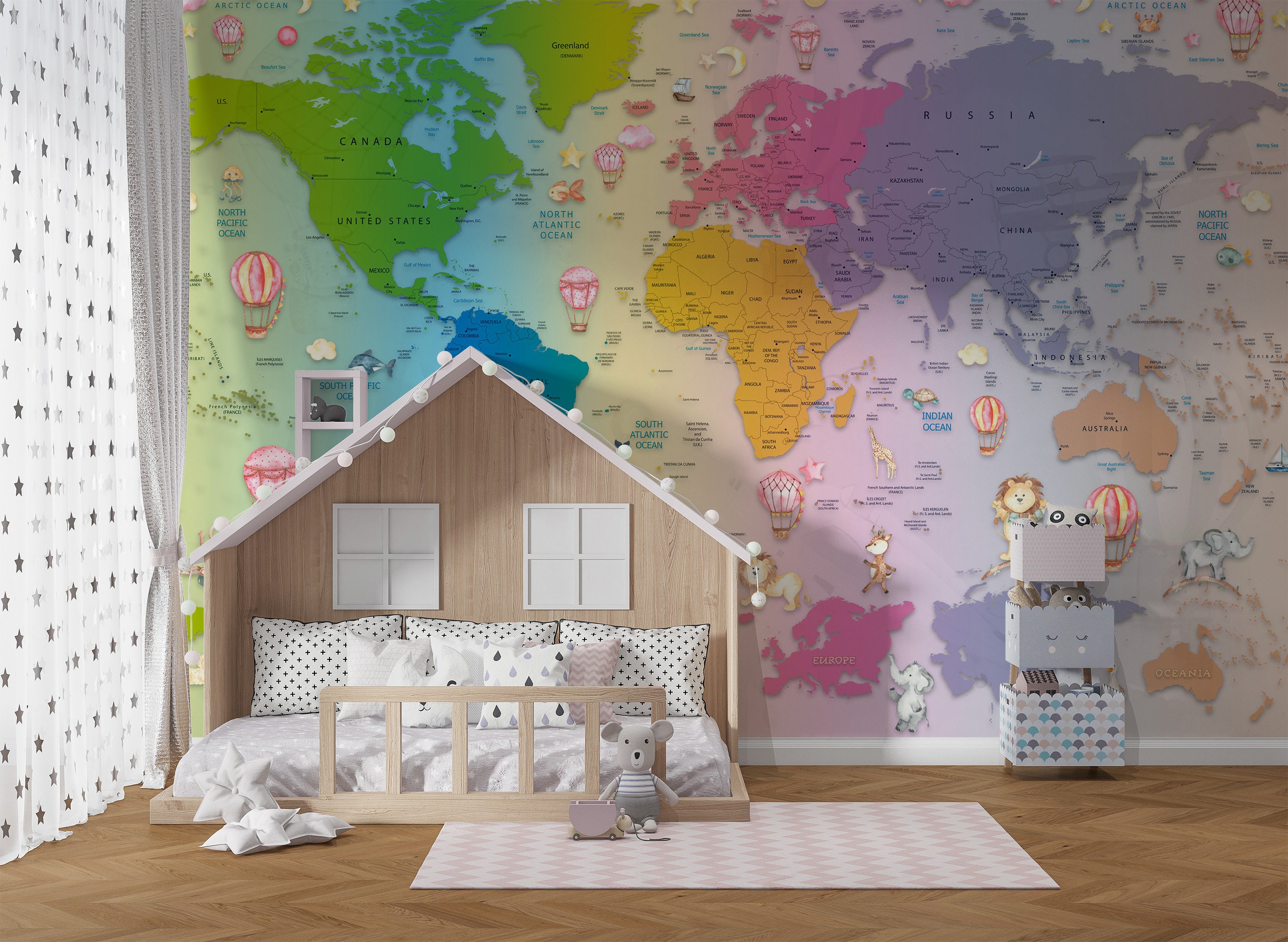 Kids Map Wallpaper, Peel and Stick Cute World Map Wallpaper, Wall Cover ...