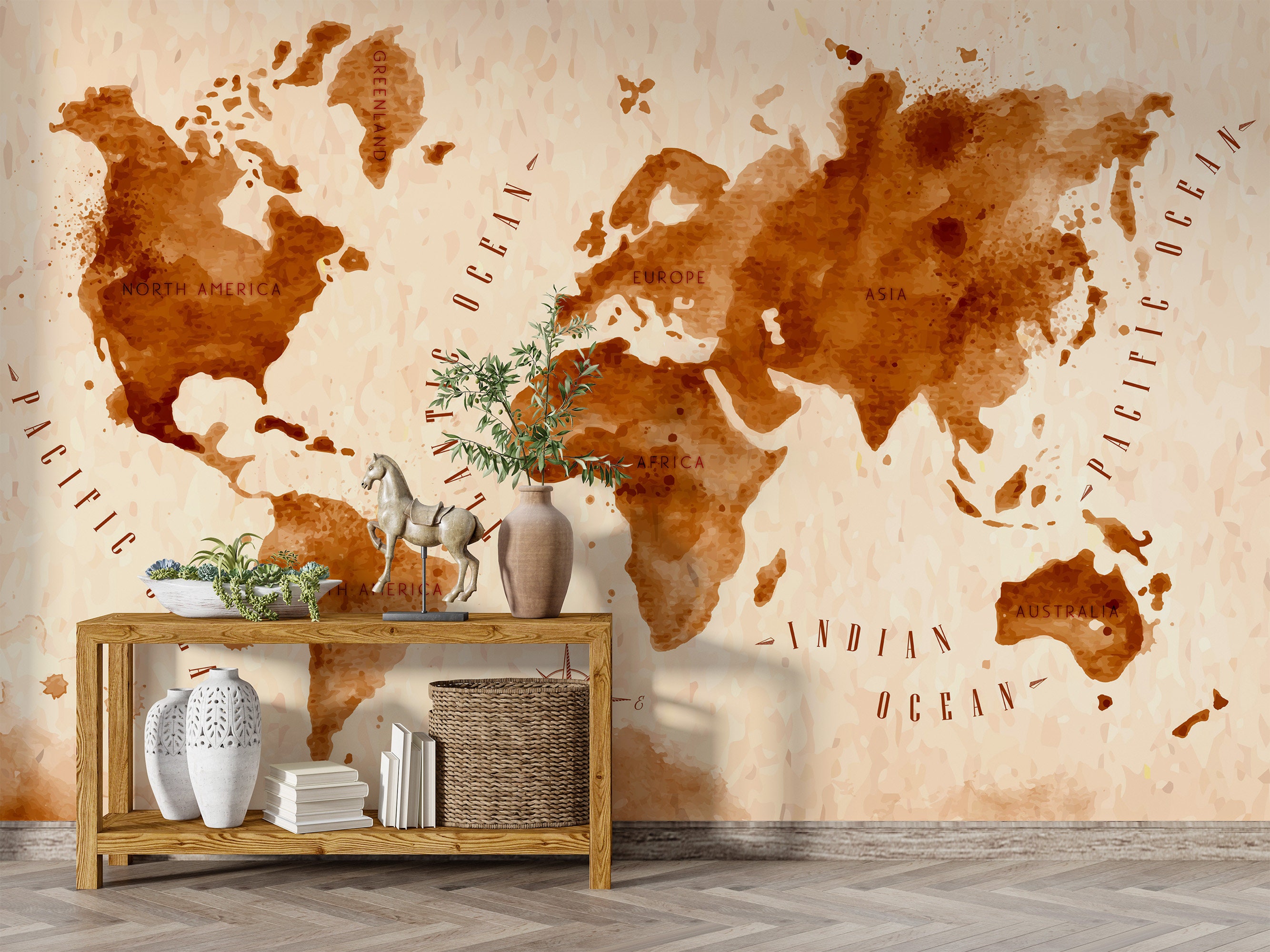 Retro World Map Wallpaper, Peel & Stick Continents World Map Wall Mural ...