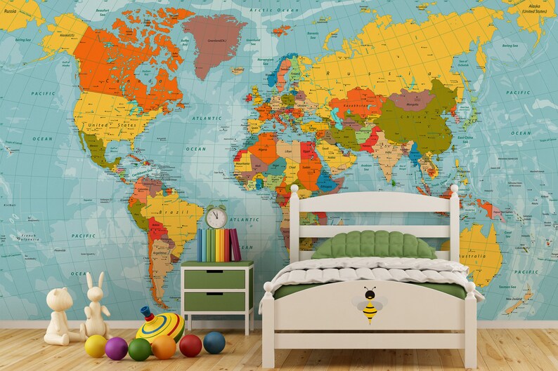 Peel and Stick Kids Room World Map Wallpaper, Modern Political Map Wall ...