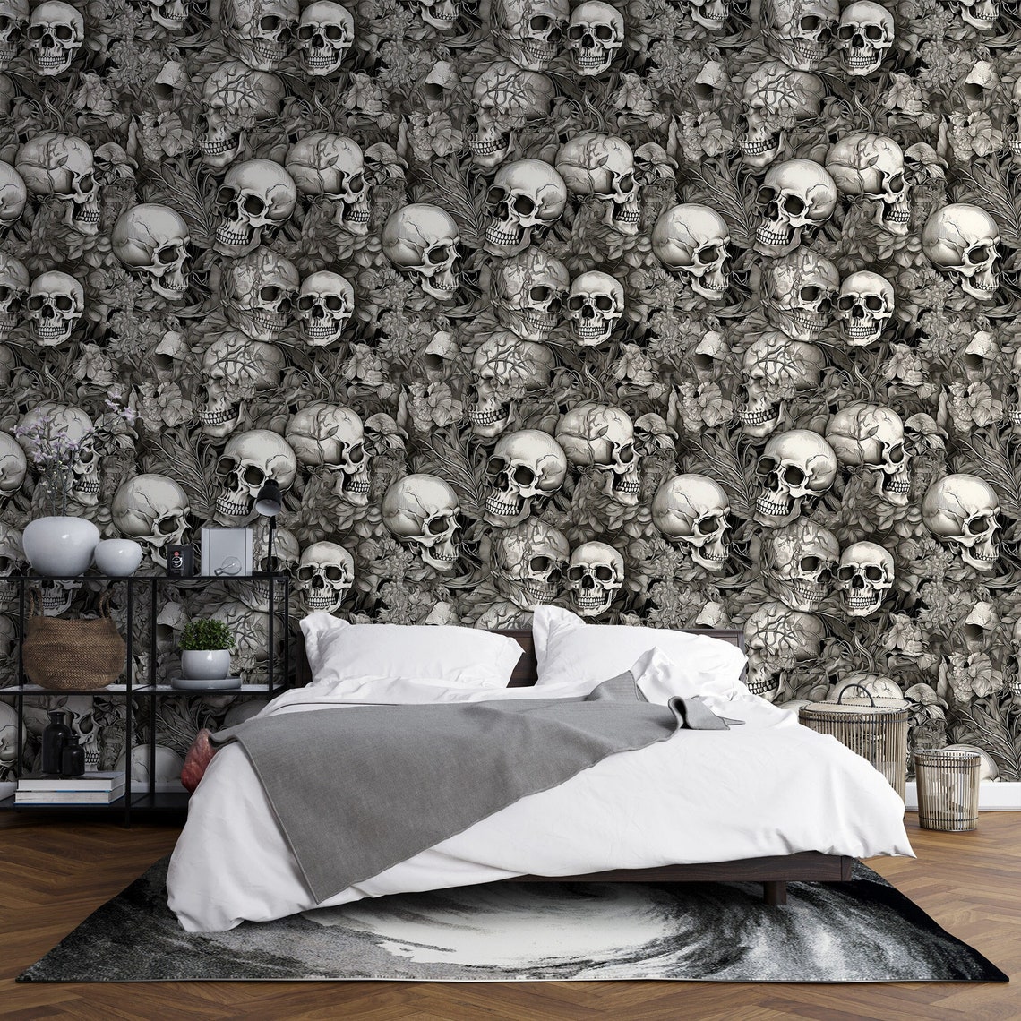 White Skulls, Skeleton, Bones Peel and Stick Wallpaper, Gothic Bedroom ...