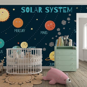 Solar System Peel and Stick Kids Room Wallpaper, Cute Planets and Sun ...