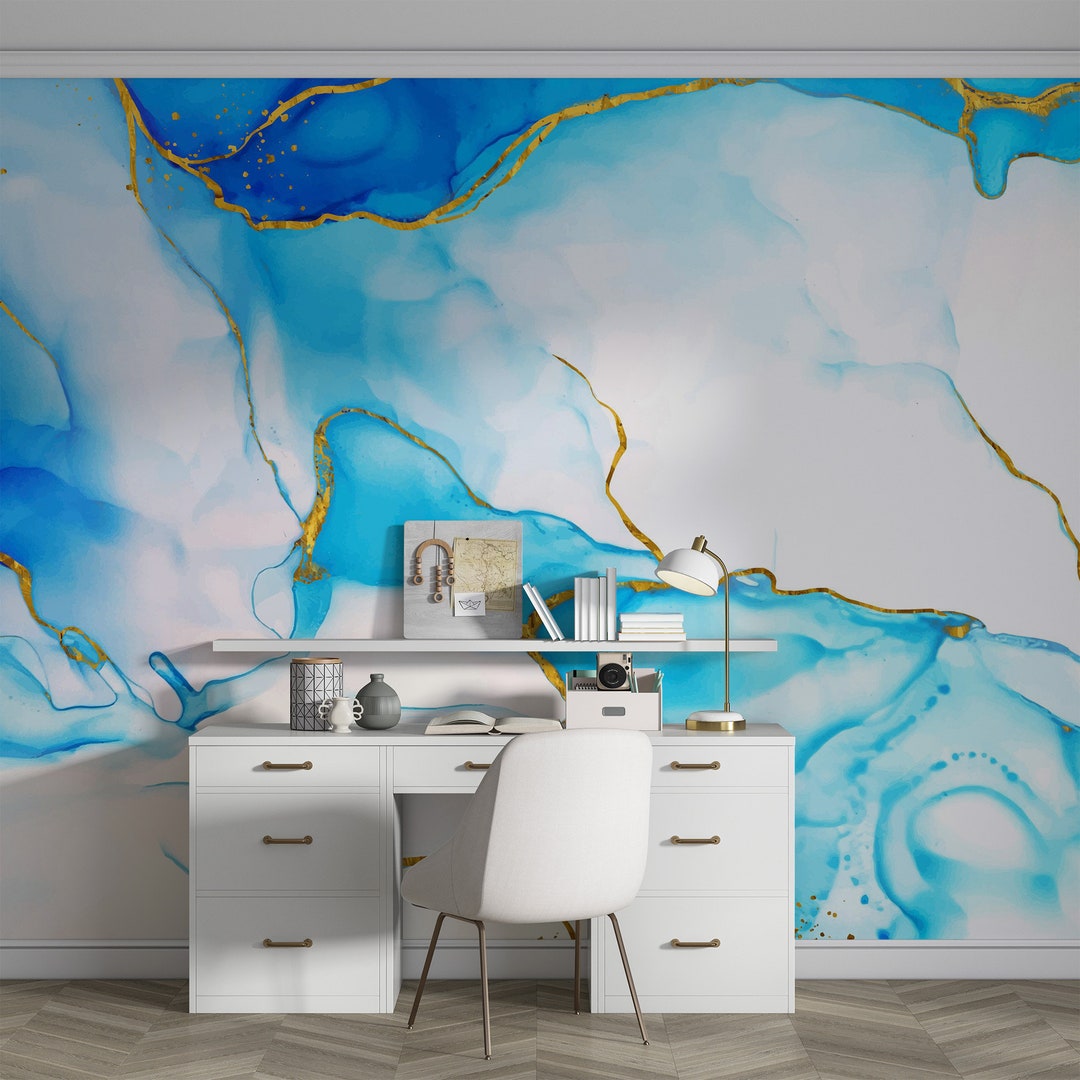 Marble Look Blue and White Wallpaper Office Decoration - Etsy