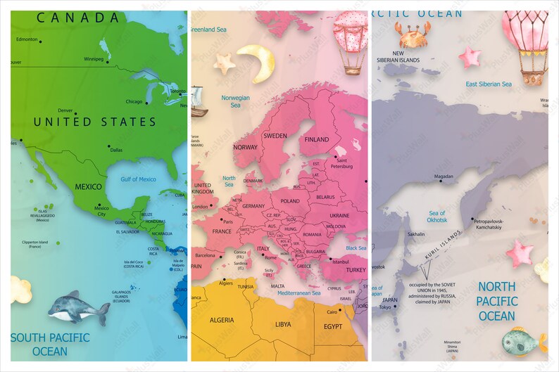 Kids Map Wallpaper, Peel and Stick Cute World Map Wallpaper, Wall Cover ...