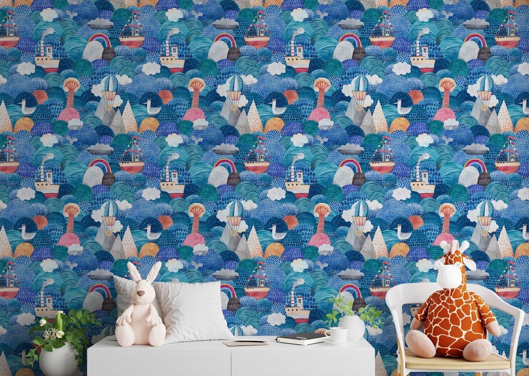 Cute Watercolor Ships, Reefs, Balloons, Clouds Childish Peel and Stick ...