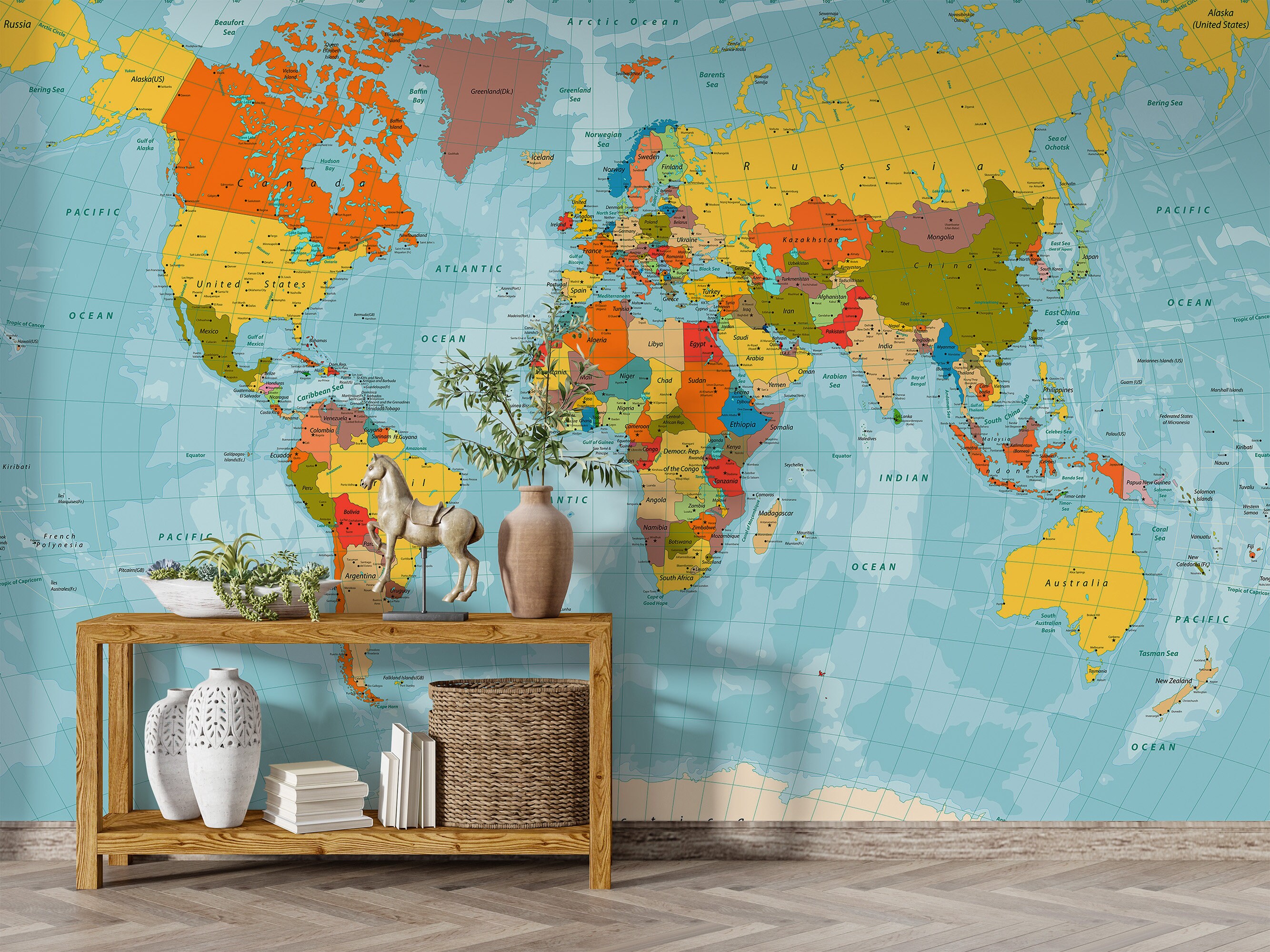 Peel and Stick Kids Room World Map Wallpaper, Modern Political Map Wall ...